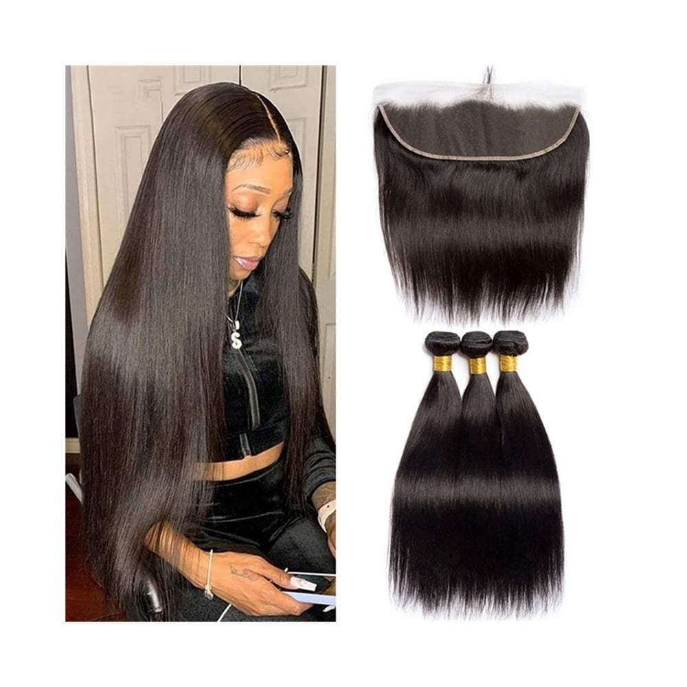 12-32 Inch Straight Human Hair Bundles with Frontal, Free Part 13x4 HD ...
