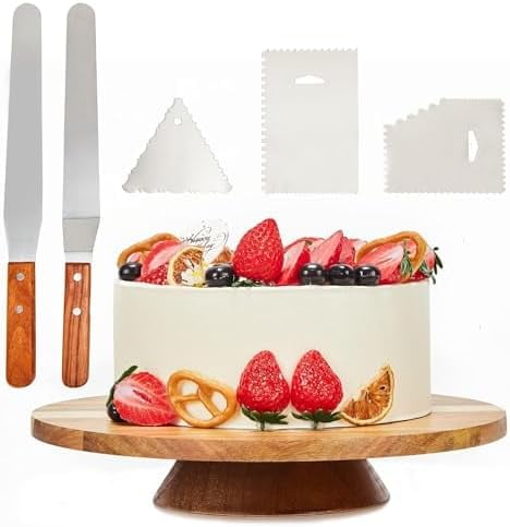 12" Acacia Wood Revolving Cake Stand, 2" High Rotating Cake Turntable ...
