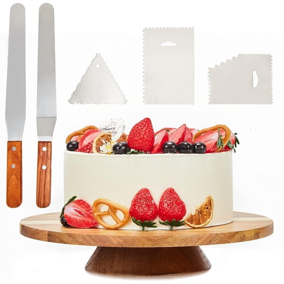 12" Acacia Wood Revolving Cake Stand, 2" High Rotating Cake Turntable ...