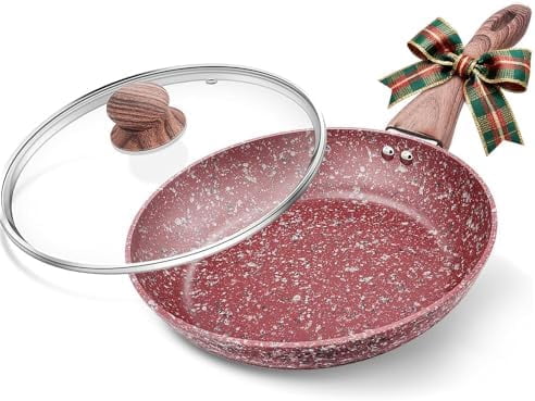 12" Red Granite Non-Stick Frying Pan with Lid, Classic Pans with Non ...