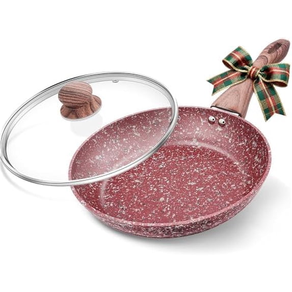 12" Red Granite Non-Stick Frying Pan with Lid, Classic Pans with Non ...