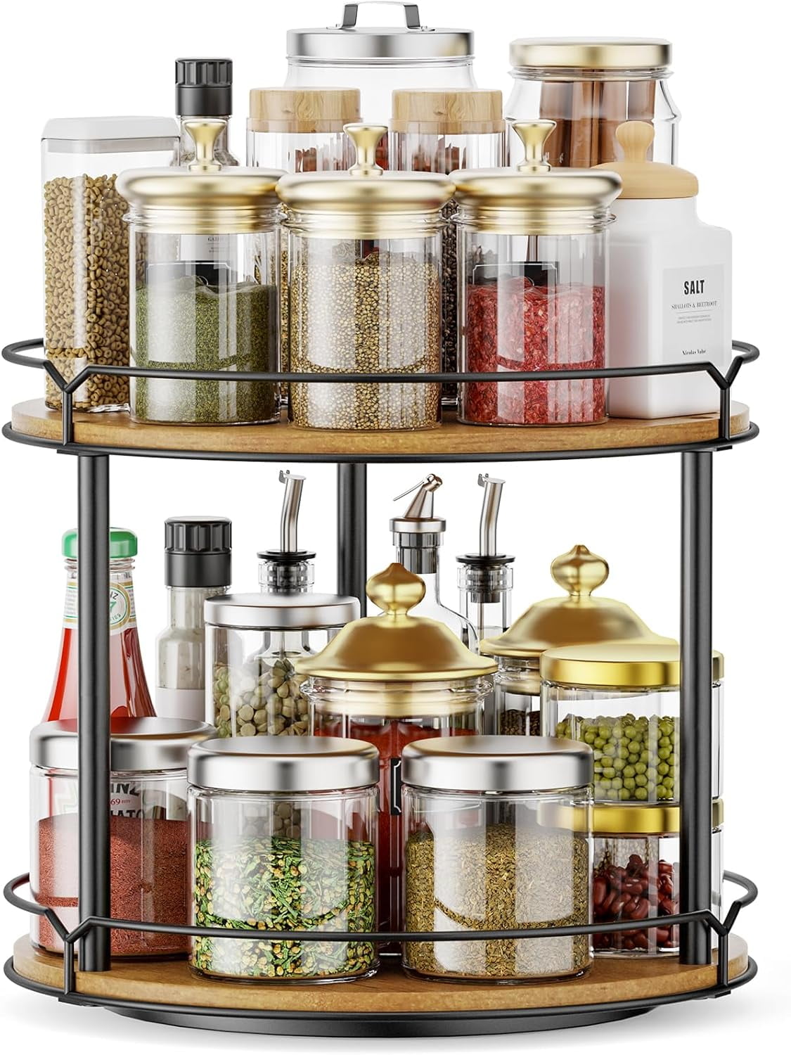 12.4" Lazy Susan Organizer 2 Tier - Rotating Spice Rack, Wooden ...