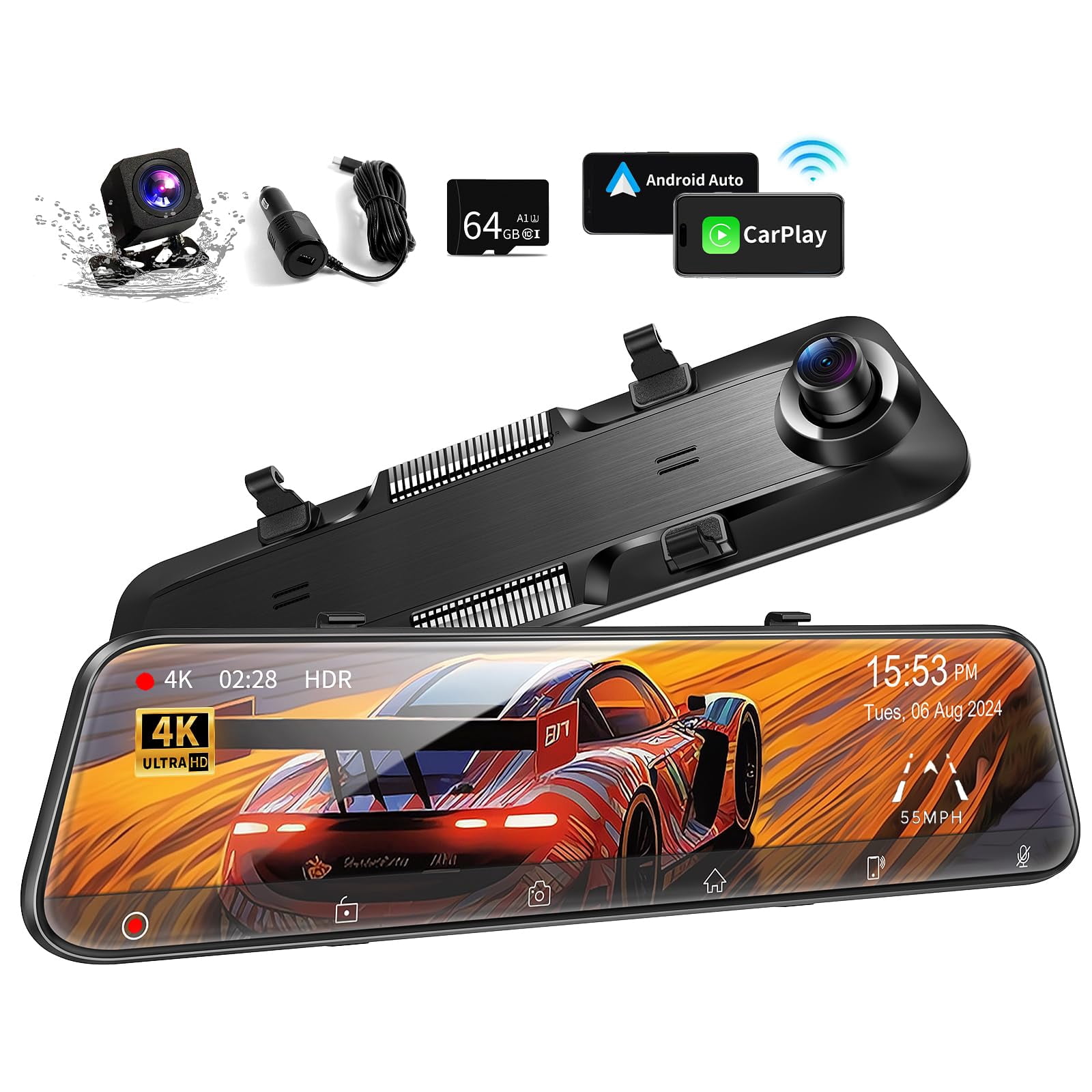 12"4K Rear View Camera with Carplay&Android Auto, Dash Cam Backup ...