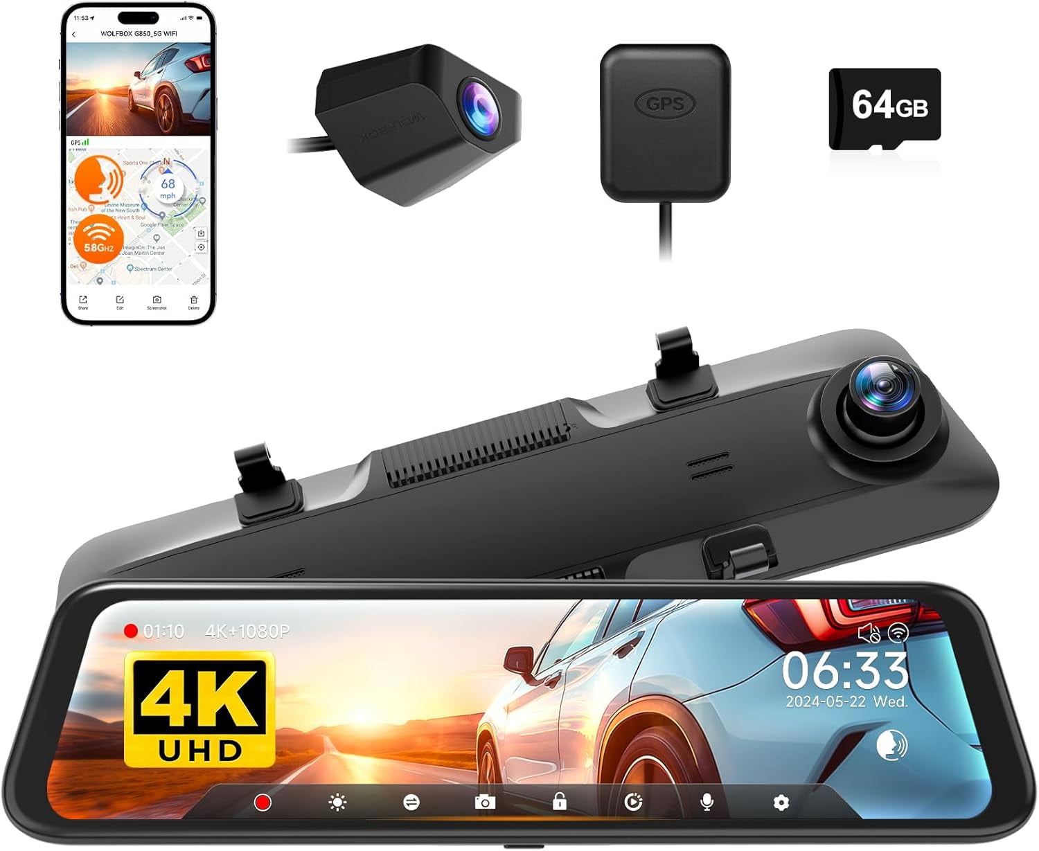 12" 4K Rear View Mirror Camera with 5.8GHz WiFi and Voice Control ...
