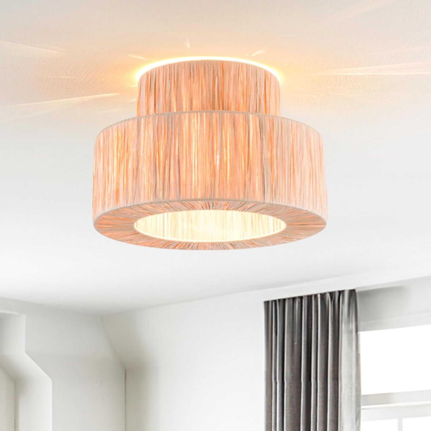 12.5" Boho Ceiling Light, Mini Rattan Flush Mount Chandelier, Coastal ...
