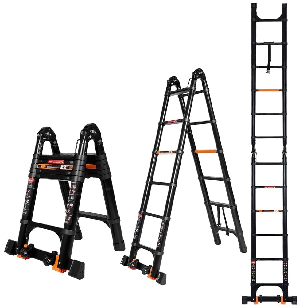12.5-FT-A frame Telescopic Ladder with Balance Bar and Wheels | 330 ...