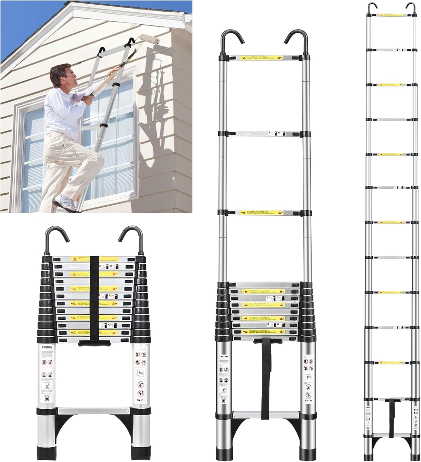 12.5 FT Telescopic Ladder, Aluminium Silver Telescoping Ladder with Non ...