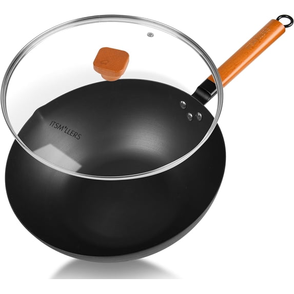 12.5-Inch Carbon Steel Wok with Lid – Pre-Seasoned Flat Bottom Stir-Fry ...