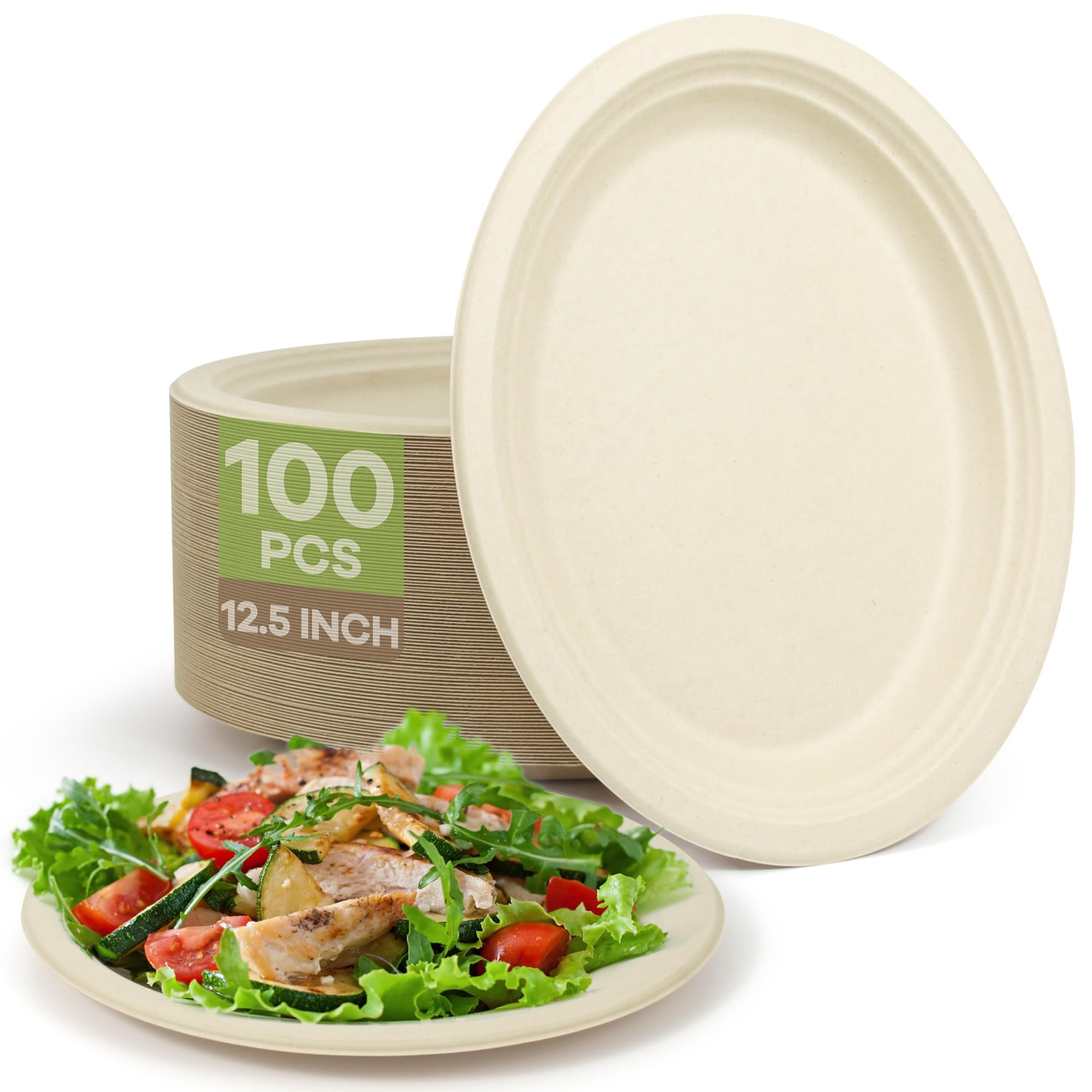 12.5 Inch Oval Disposable Plates 100pc, Compostable Bagasse Dinner ...