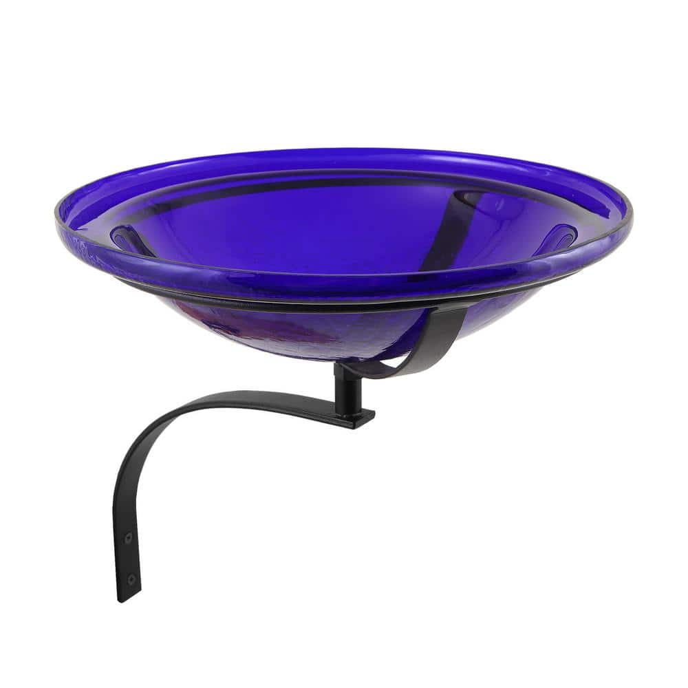 12.5 in. Dia Cobalt Blue Reflective Crackle Glass Birdbath Bowl with ...