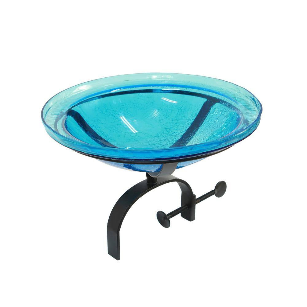 12.5 in. Dia Teal Blue Reflective Crackle Glass Birdbath Bowl with Over ...