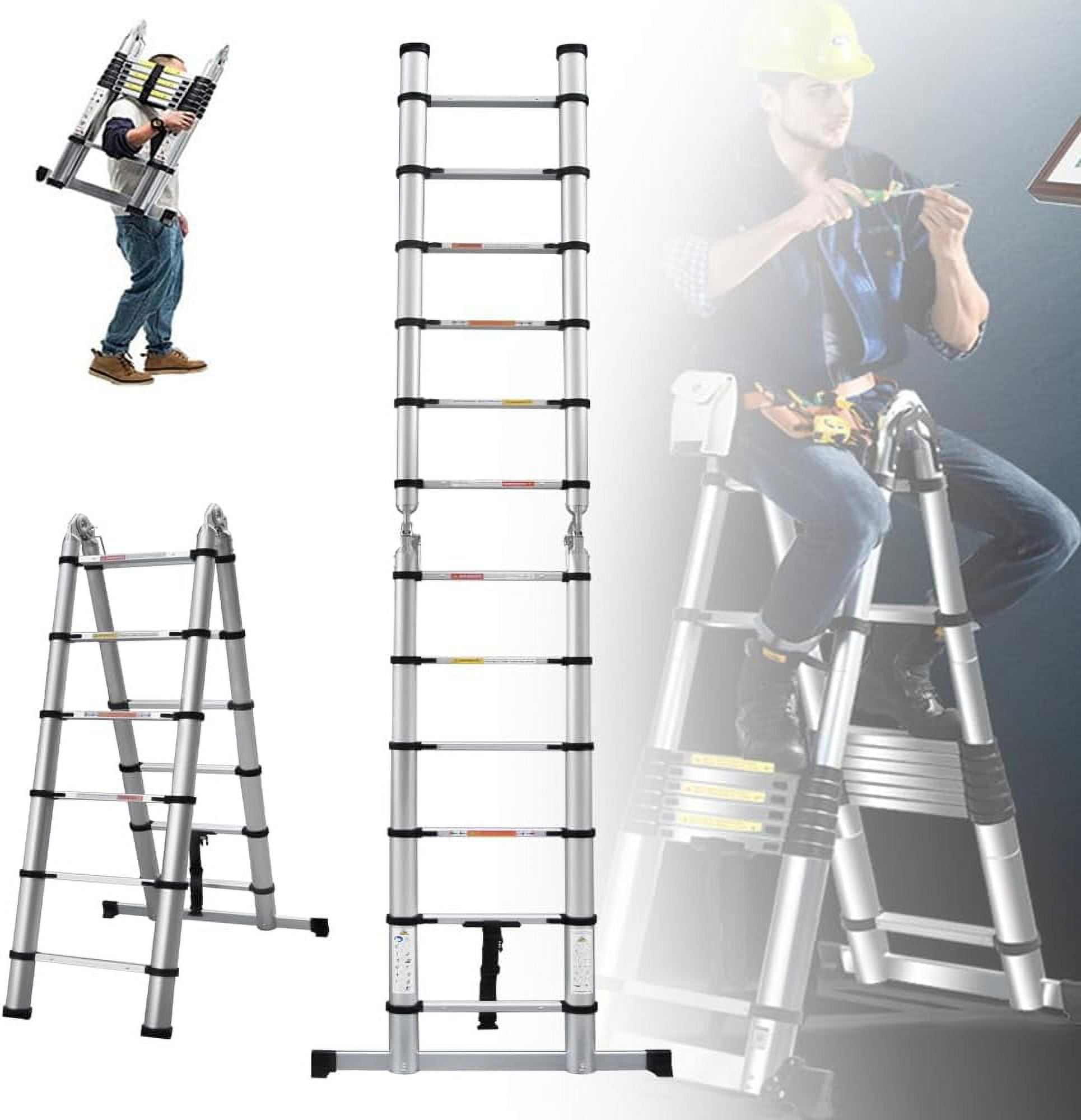 12.5FT A-Frame Telescopic Ladder with Balance Bar, Aluminum Lightweight ...