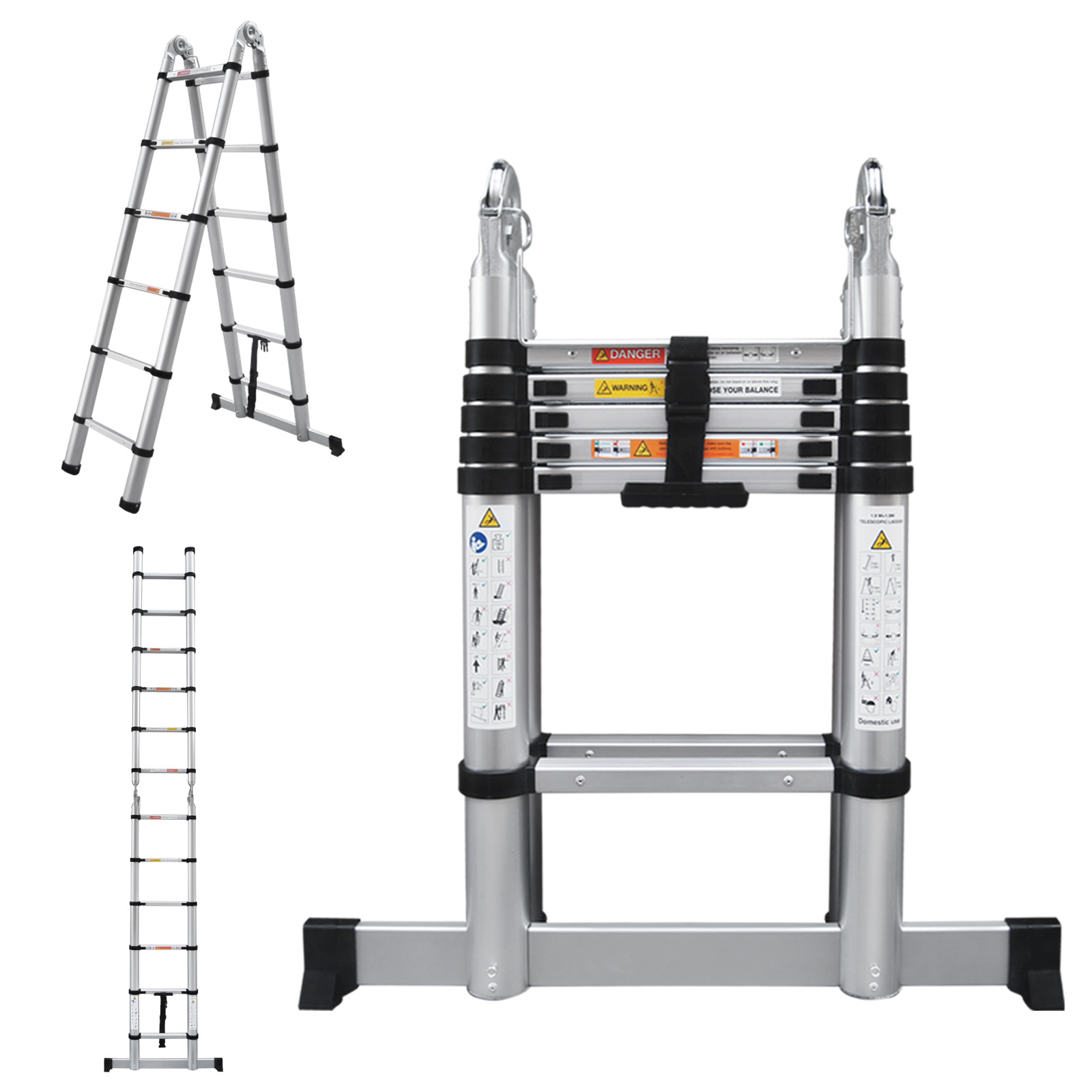 12.5FT Aluminum Telescoping Ladder A-Frame Folding Ladder 2-in-1 Portable Folding Ladder with ...