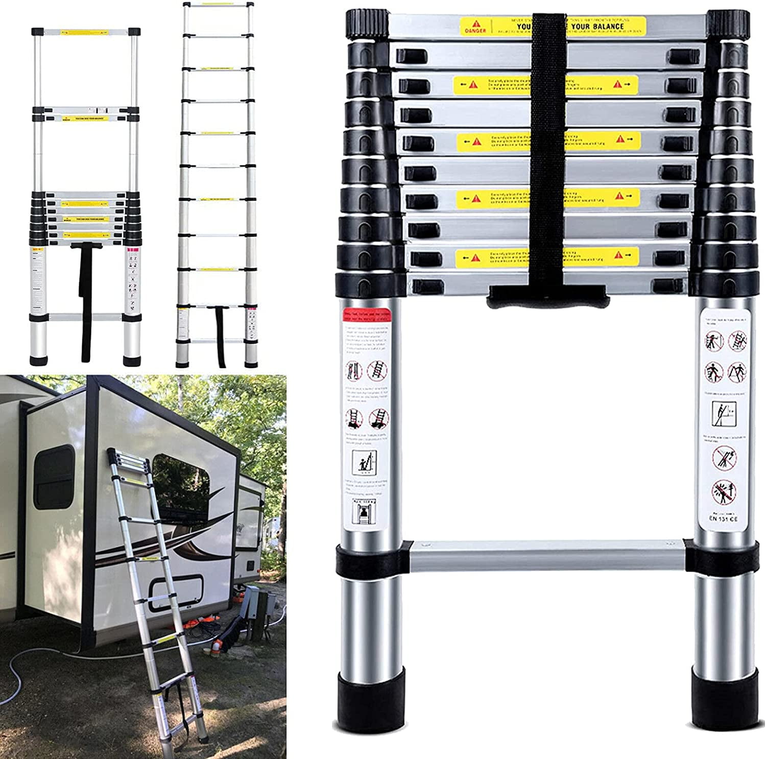 12.5FT Telescoping Ladders Extending Steps Aluminum 330LB Max Capacity ...