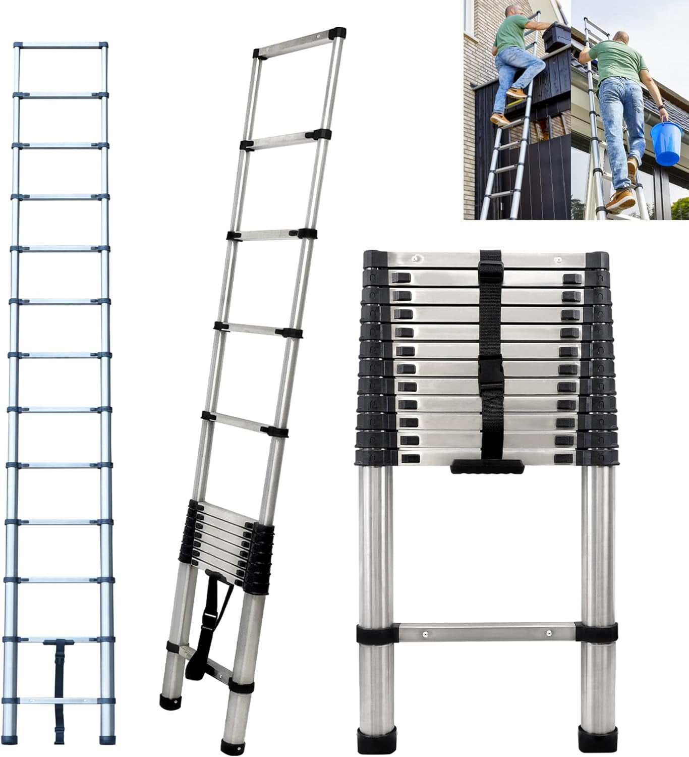 12.5Ft/3.8M Telescopic Ladder Safe and Stable Extend Attic Stairs Easy ...