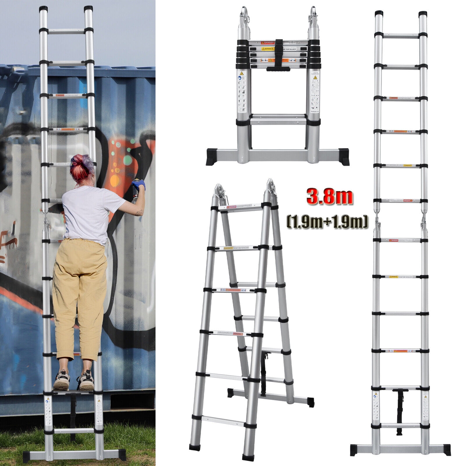 12.5ft 3.8M Ladder Aluminium Telescopic Compact Folding A-Frame 12 Step ...