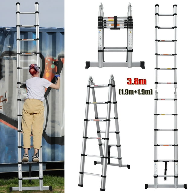 12.5ft 3.8M Ladder Aluminium Telescopic Compact Folding A-Frame 12 Step ...