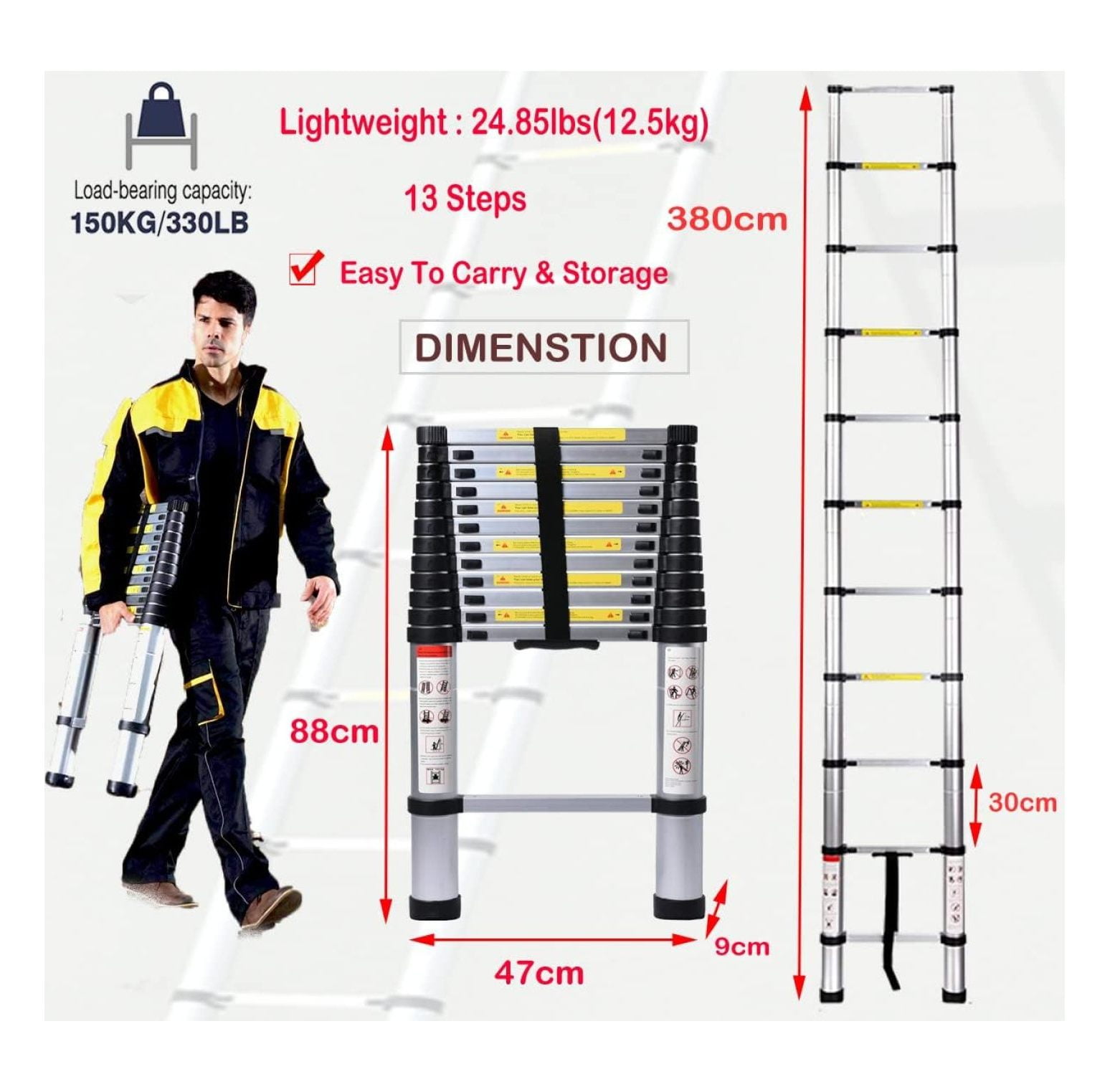12.5ft/3.8m Aluminum Extension Telescopic Ladder Collapsable Folding ...