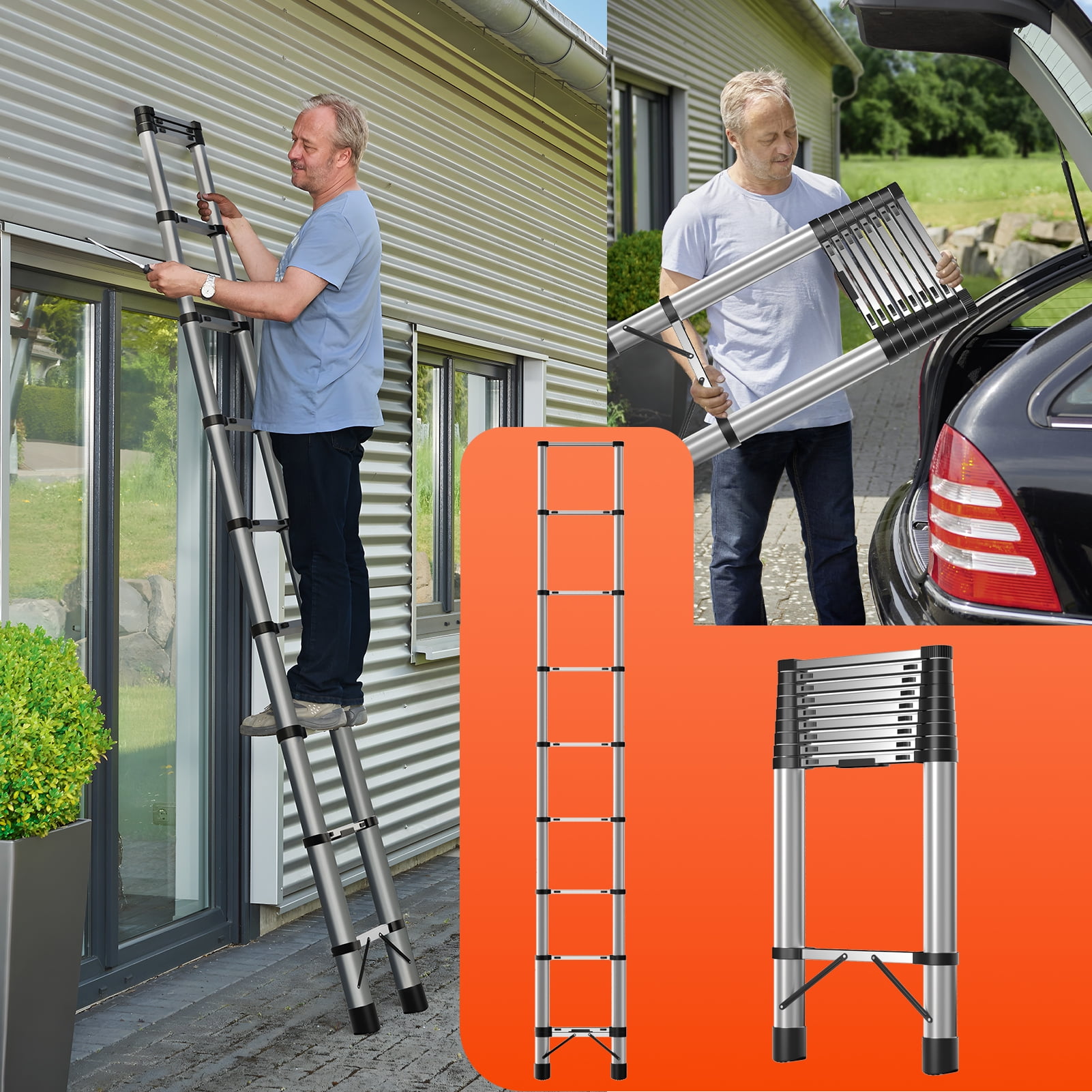 12.5ft Telescoping Extension Ladder, Stainless Steel Folding Telescopic ...