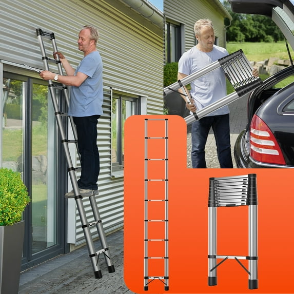 12.5ft Telescoping Extension Ladder, Stainless Steel Folding Telescopic ...