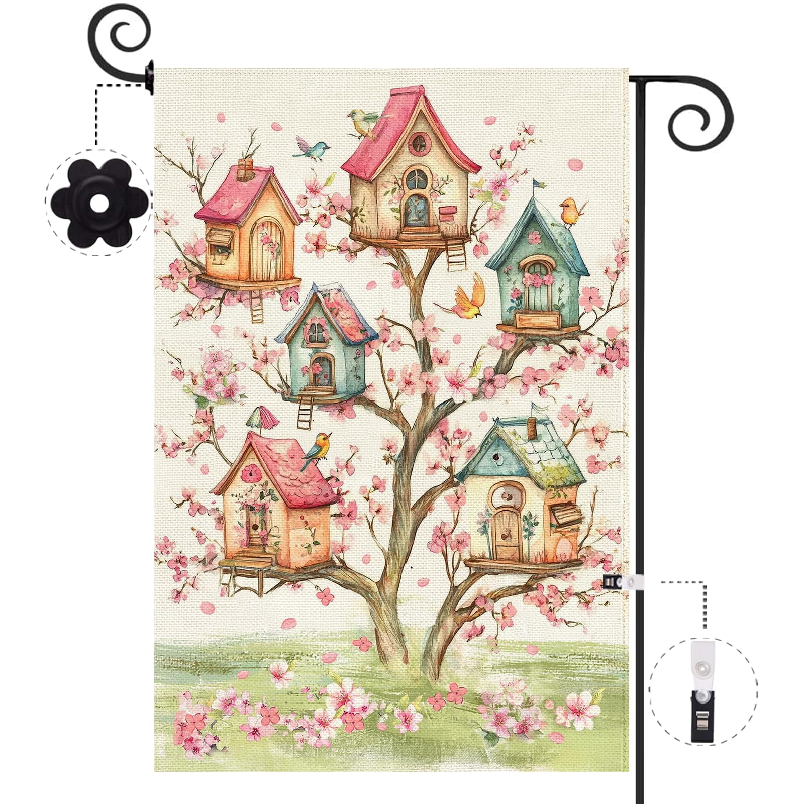 12.5x18 Double Sided Outdoor Burlap Garden Flag Spring Birds Pink ...