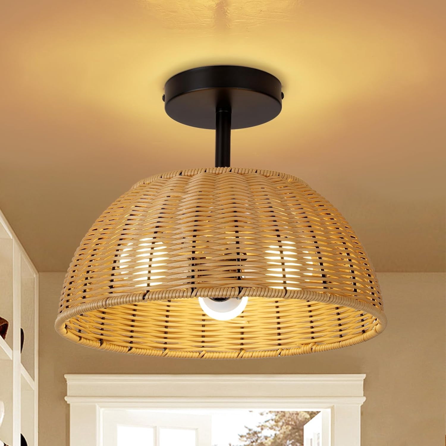 12.6''Boho Light Fixture,Rattan Style Semi Flush Mount Ceiling Light ...