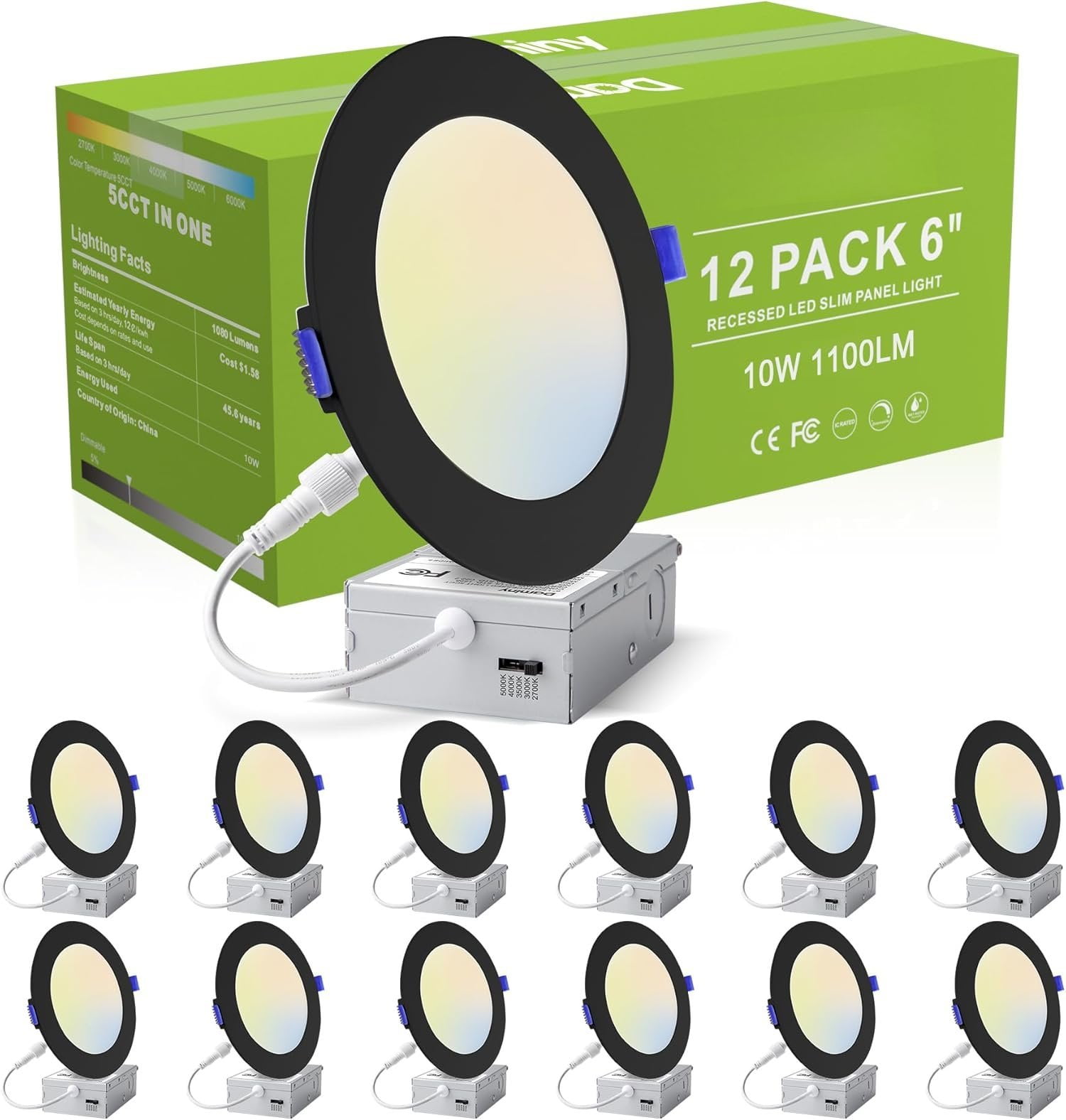 12 6 Inch Black Recessed Lighting with Junction Box,5CCT,-Thin Recessed ...