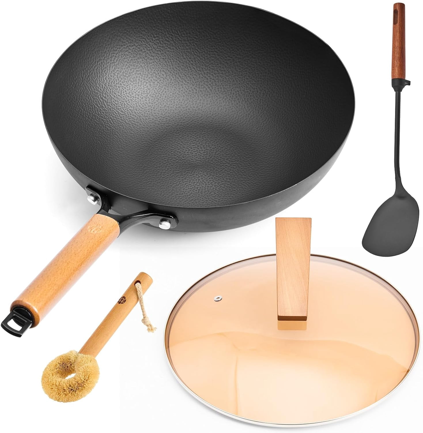 12.6 Inch Wrought Iron Wok with Standable Glass Lid, Chemical-Free Flat ...