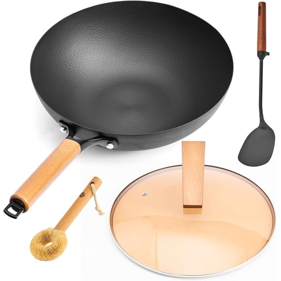 12.6 Inch Wrought Iron Wok with Standable Glass Lid, Chemical-Free Flat ...