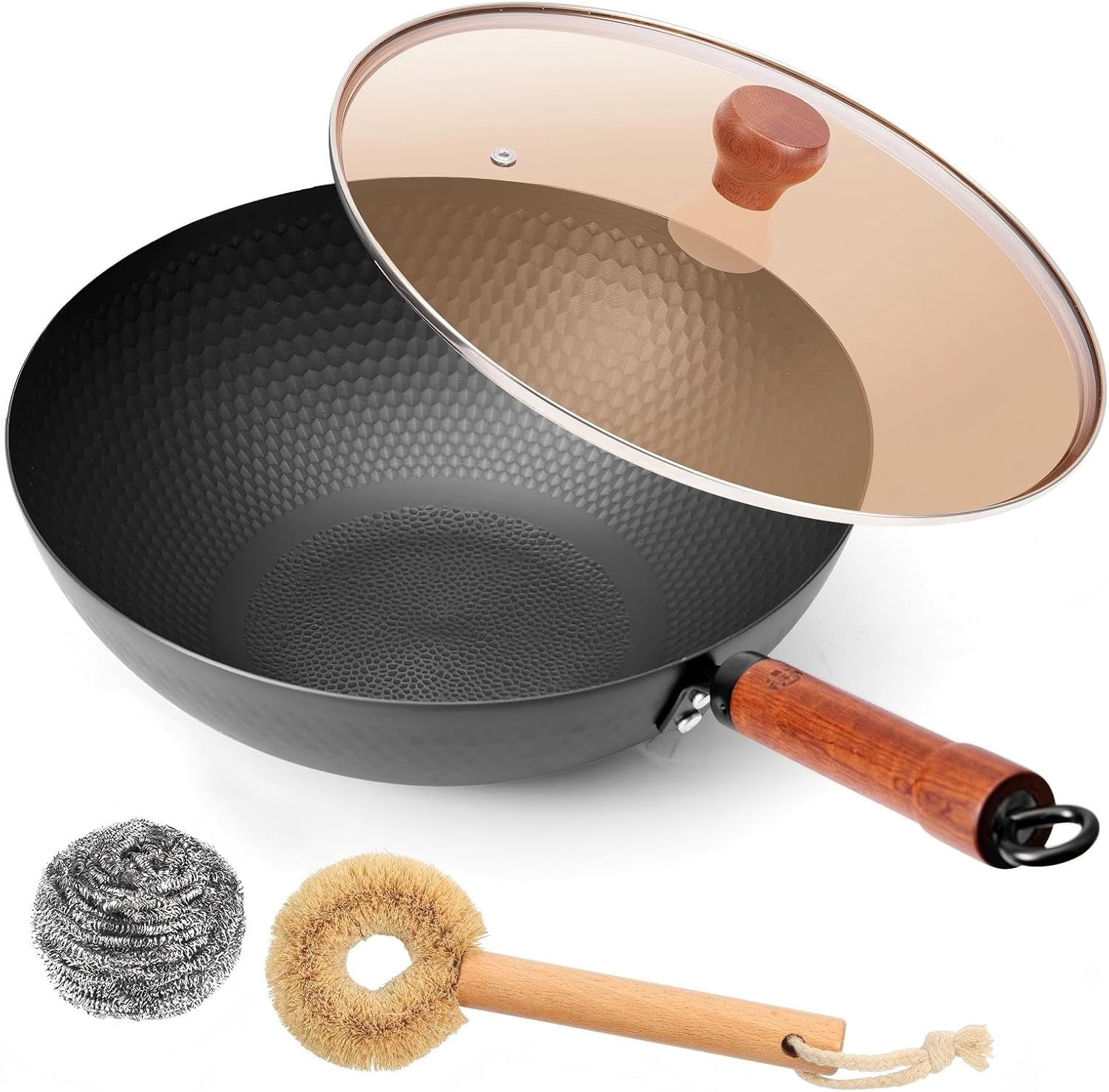 12.6" Iron Wok with Lid, Flat Bottom Nonstick Wok Pan with Detachable ...