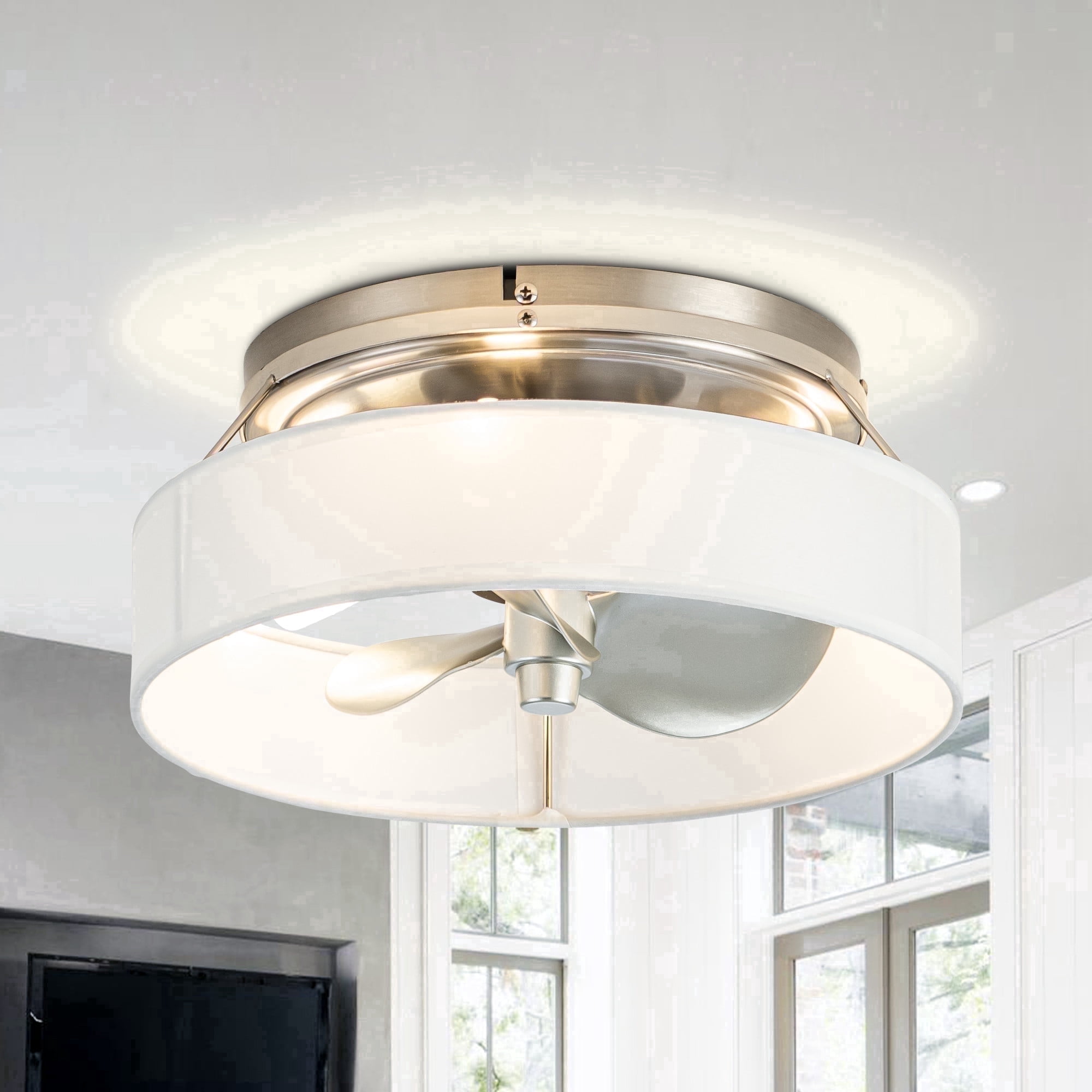 13" Modern Sand Nickel 3-Light Low-Profile Flush Mount Ceiling Fan with ...