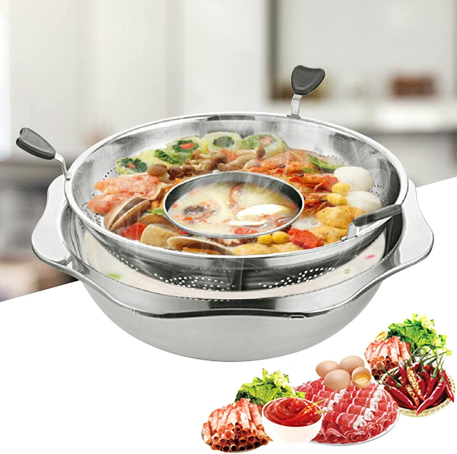 12.6" Rotating Hotpot Pot with Divider & Strainer, KPfaster Stainless ...