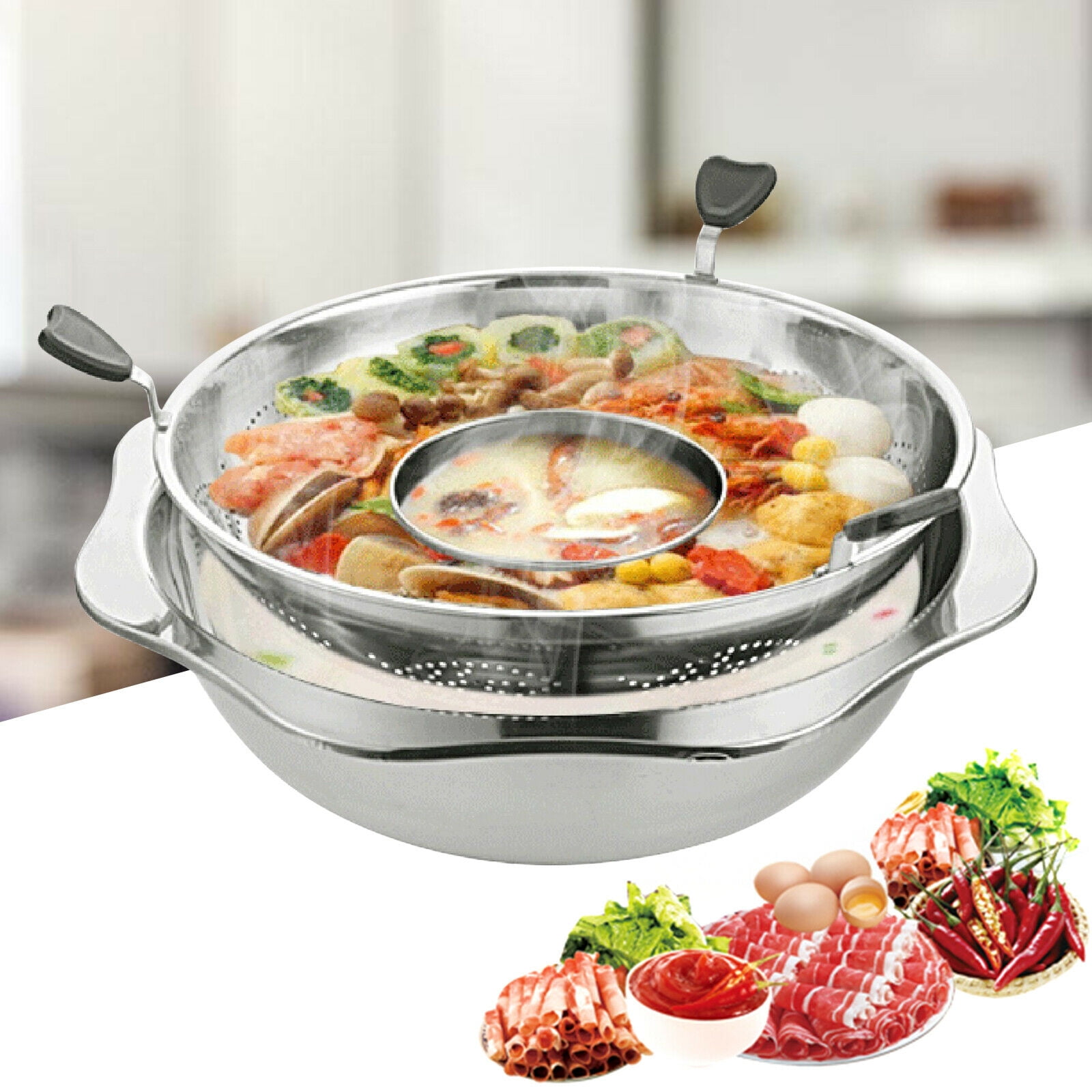 12.6" Stainless Steel Hot Pot Pan Two Flavor Soup Pot Cooking Pot ...