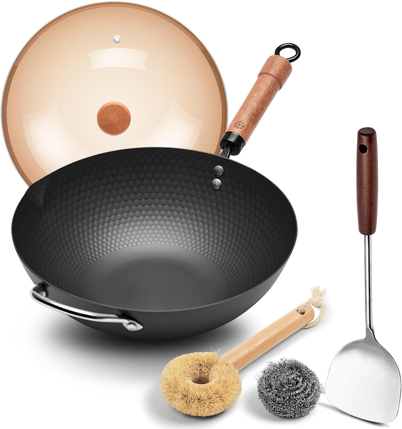 12.6" Wok with Lid, Flat Bottom Nonstick Wok Pan for Induction Cooktop ...