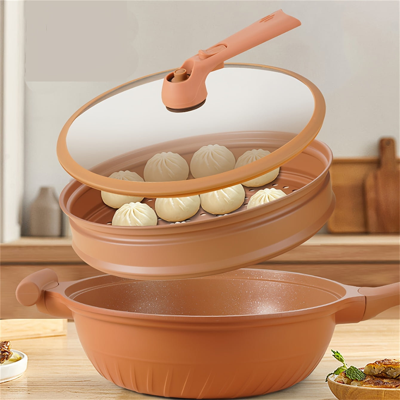 12.6-inch wok, non-stick wok with dome lid, no chemical coating, flat ...