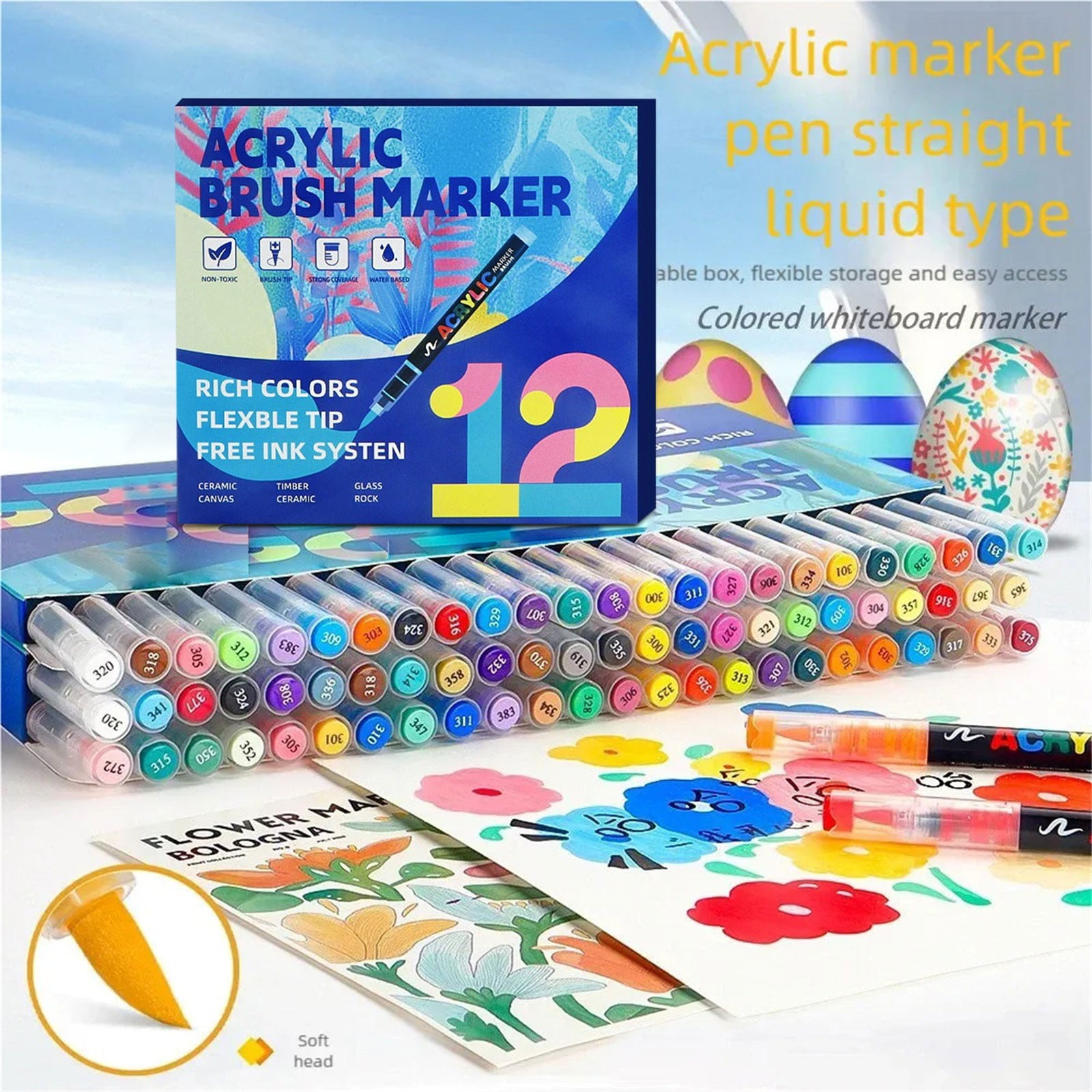 12-60 Colors Acrylic Marker Pen Soft Brush Nib Art Markers For Rocks ...