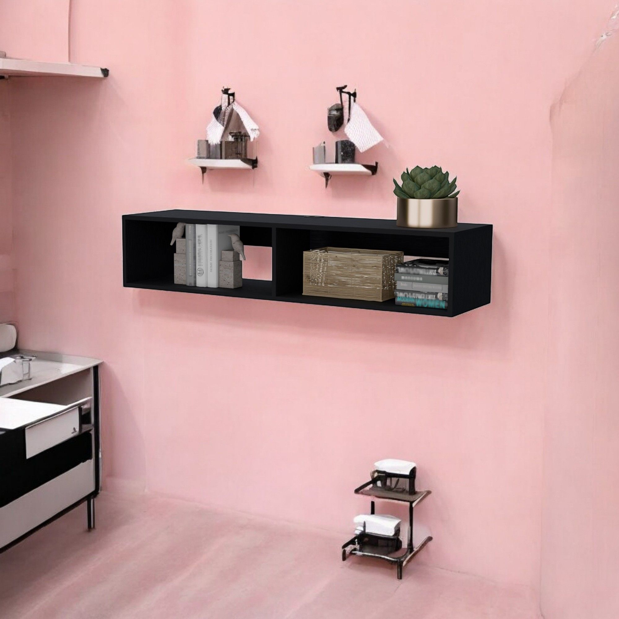 12.60 Inch Floating Wall Shelf with Dual Compartments in Sleek Black ...