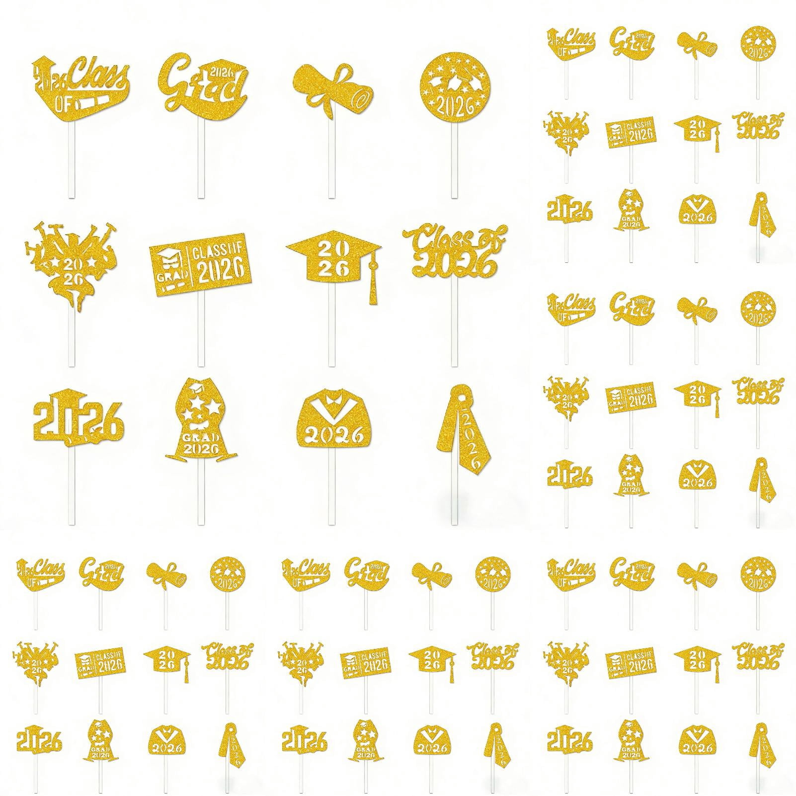 12-72Pc Prom Graduation Cupcake Toppers 2026, Black Gold Glitter ...