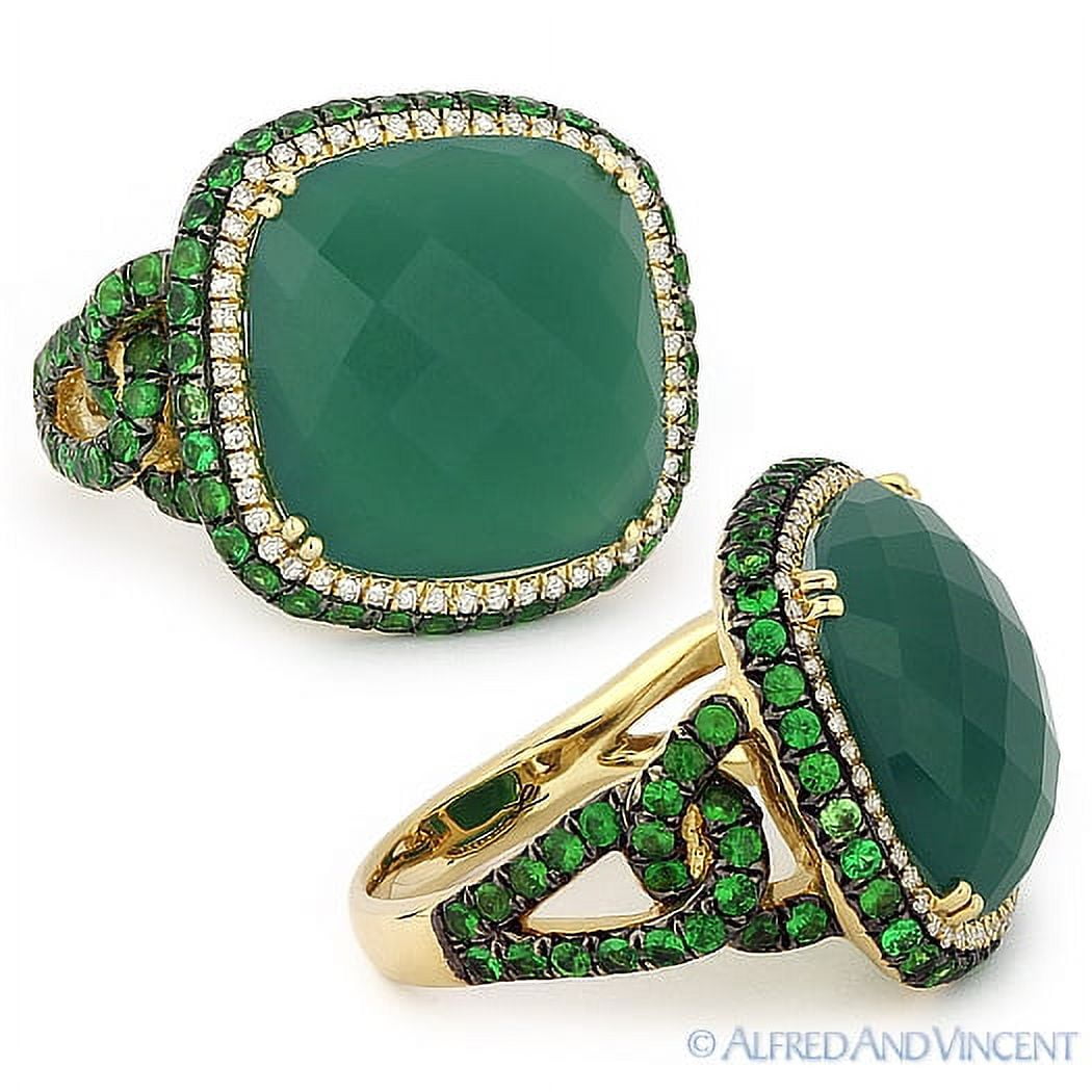 12.79ct Green Agate, Green Garnet, & Diamond Pave Right-Hand Cocktail ...