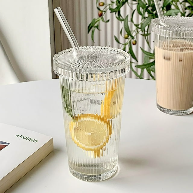12.7oz Clear Glass Cup with Lid and Straw Classical Vertical Stripes ...