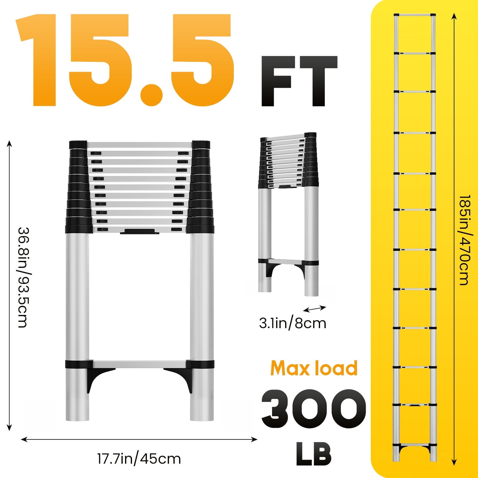 12.8/15.5ft Telescoping Extension Ladder | Stainless Steel Folding ...