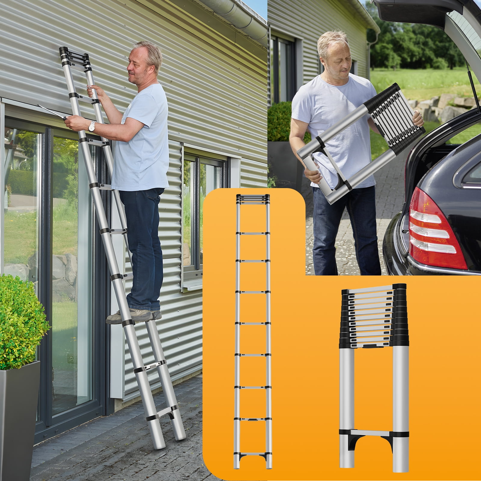 12.8/15.5ft Telescoping Extension Ladder, Stainless Steel Folding ...