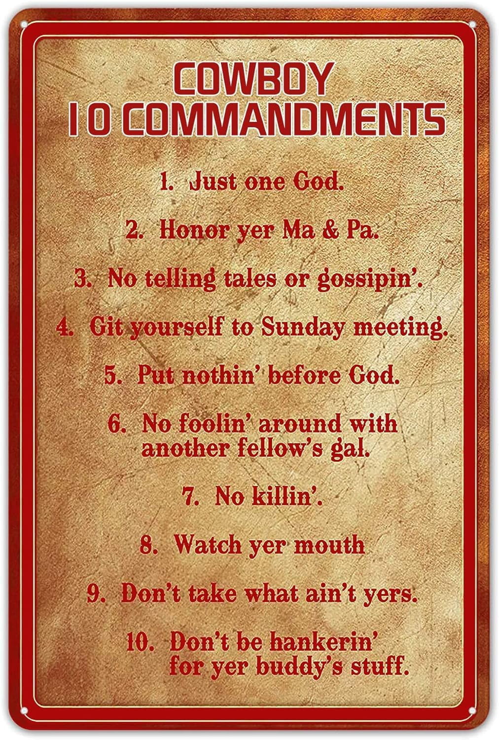 12×8 inch Metal Signs Vintage Cowboy 10 Commandments Retro Gym Wall ...
