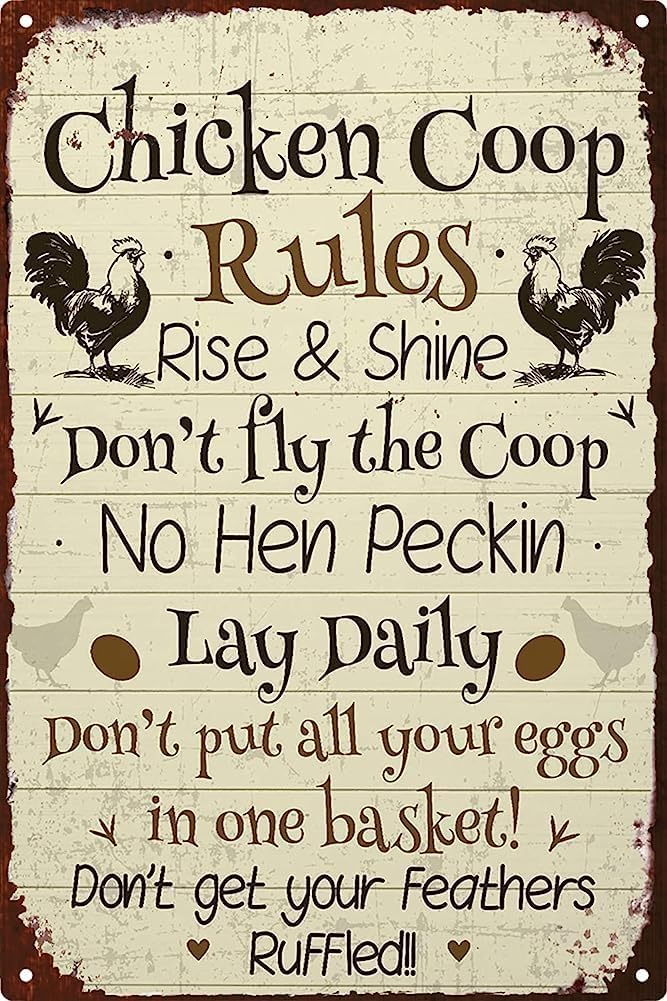 12×8 inch Vintage Metal Tin Sign Chicken Coop Rules Rise And Shine For ...