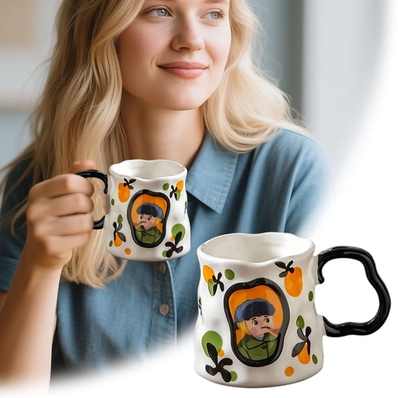 12.85oz (380ml) Oil-Painting Style Ceramic Mug – White Retro Pattern ...