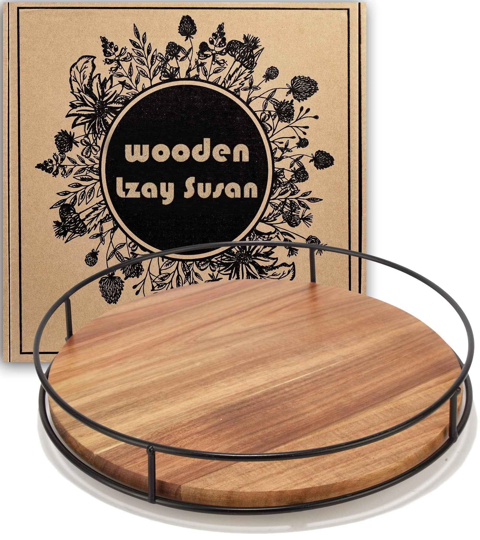 12" Acacia Wood Lazy Susan Turntable, Tomoaza Kitchen Organizer ...