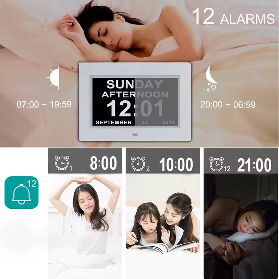 12 Alarms Digital LED Calendar Clock with Multi-Languages to display. Medicine Time Reminder for ...