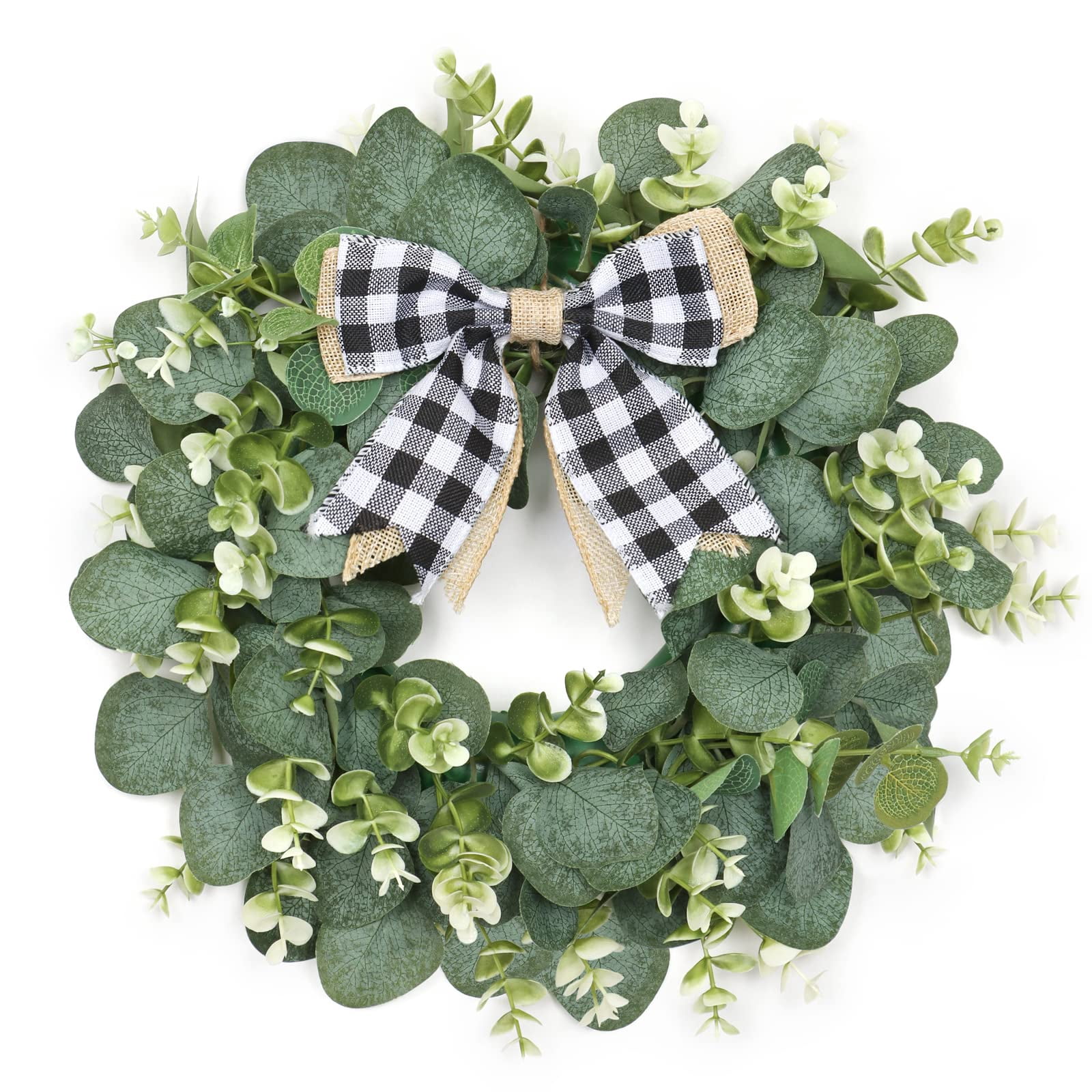 12" Artificial Eucalyptus Wreath With Plaid Bow | Spring Summer Green ...