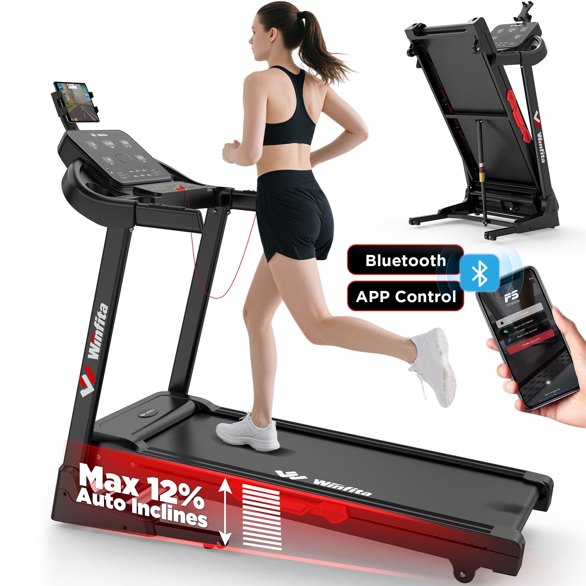 Winfita Incline Treadmill, 0-12% Auto Incline Treadmill for Home ...