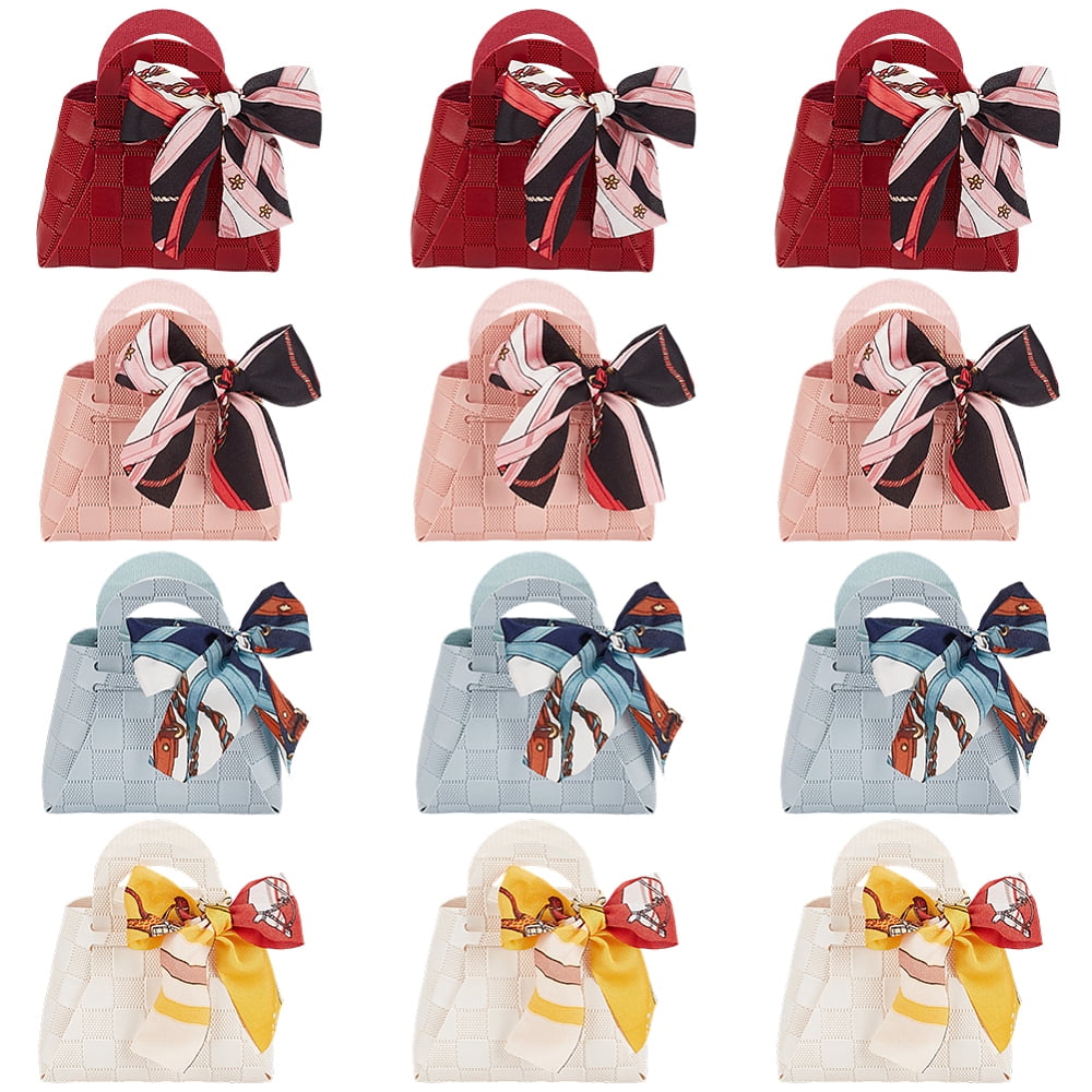 12 Bags 4 Colors Tartan PU Leather Candy Gift Tote Bags with Ribbon ...